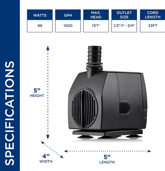 Alpine Corporation Replacement Stream Pump 1500 GPH with 6 Ft. Cord fo ...