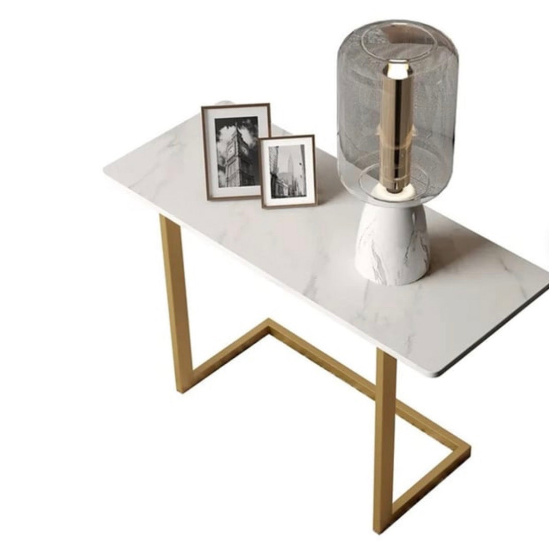 26" C-Shaped Rectangle Sintered Stone Gold Finish Side Table – Mega ...