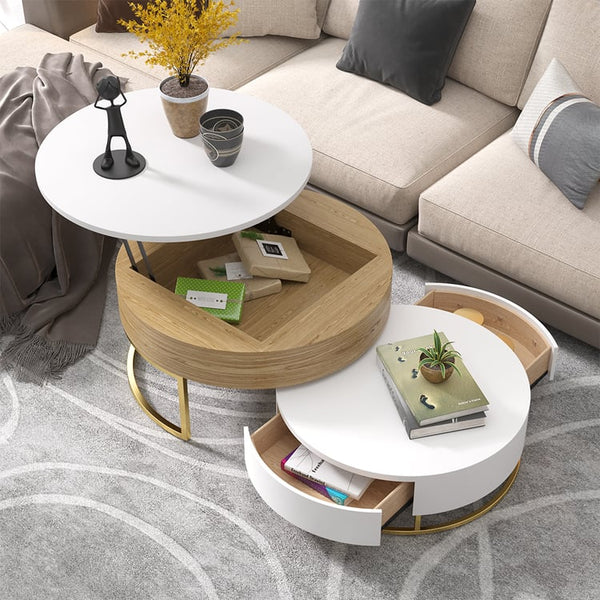 Nesnesis Modern Round Lift-Top Nesting Wood Coffee Tables With 2 Drawe ...